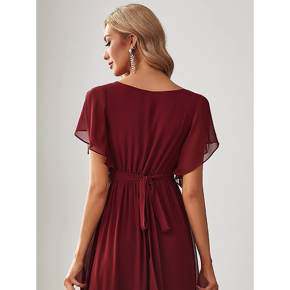 Ever-Pretty Women's Bridesmaid Dress V-Neck Ruffle Sleeves Ruched Bust Floor Length Chiffon Formal Dresses Burgundy US16