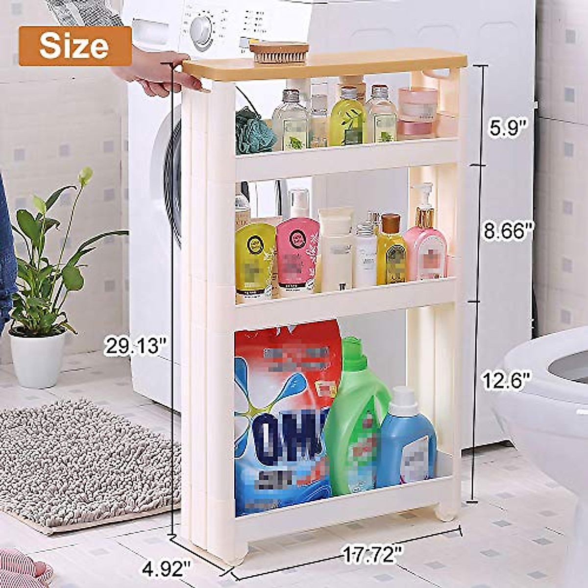 3 Tier Slim Storage Cart Narrow Storage Cart Slide Out Storage Tower Bathroom Organization and Storage Mobile Shelving Unit Organizer Pantry Storage Rack for Narrow Spaces
