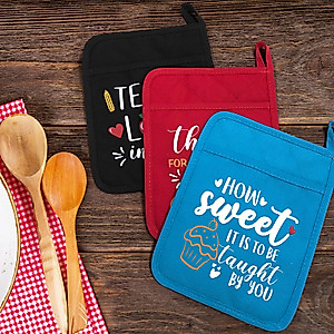 Teacher Appreciation Gifts for Woman Funny Pot Holders Set of 3 - Heat Resistant Microwave Oven Mitt Potholders with Hand Pocket and Hanging Loop End of The Year Teacher Gift