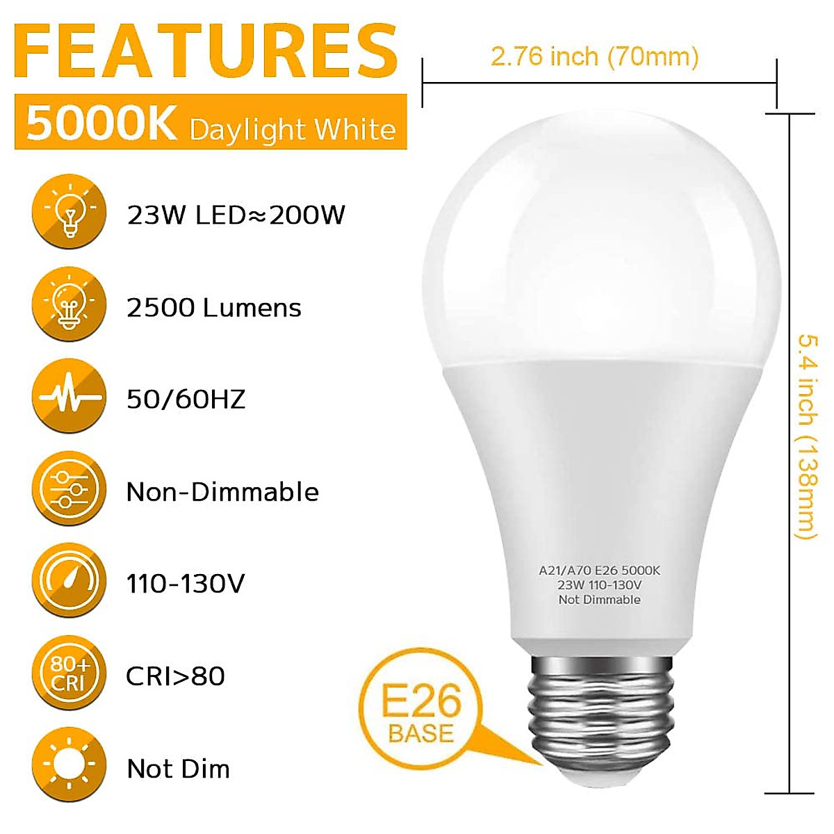 KINDEEP E26 LED Bulbs, 150W-200W Incandescent Bulb Equivalent, 23W, A21 LED Light Bulbs, 2500 Lumens, Not-Dimmable 6 Pack Daylight White 5000K