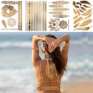 DPKOW 9 Sheets Gold Temporary tattoos, Gold Tattoos Temporary Metallic Tattoos Moon Star Butterfly Glitter Tattoos Festival Tattoos Flash Fake Waterproof Tattoo Stickers for Women Girls Body Art