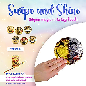 Flip Sequin Round Emoticon Mini Pillows, 5" - 5.5", Set of 6 Emotic Expressions Designs, Reversible Mermaid Sequins, Plus Emoticon Pencil and Emoticon Memo Notebook, Great Gift!