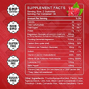 Magnesium Glycinate Gummies 400mg, Magnesium L-Threonate 200mg - Chelated Magnesium Potassium Complex Supplement with VitD, B6, CoQ10, Supports for Memory, Calm, Mood & Sleep - 60 Count (Pack of 2)