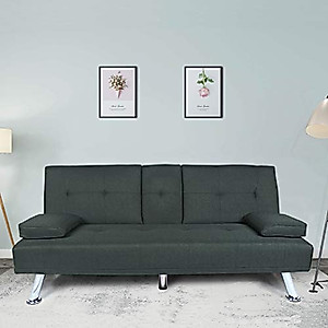 ERYE Modern Futon Loveseat Convertible Sleeper Bed for Living Room Apartment Small Space Furniture Sets with 2 Cup Holders Metal Legs,Removable Soft Pillow-Top Armrest, Sofa & Couch, Dark Grey