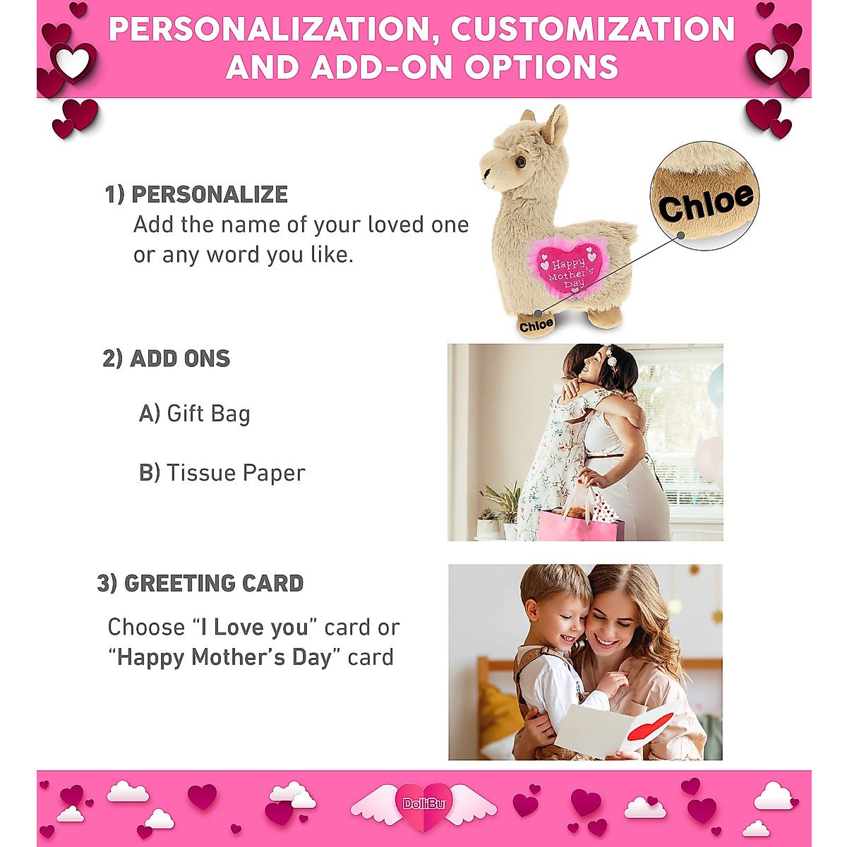 DolliBu Happy Mother's Day Super Soft Plush Beige Llama Figure - Cute Stuffed Animal with Pink Heart Message for Best Mommy, Grandma, Wife, Daughter - 11 Inch