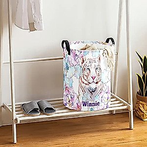 White Tiger Floral Personalized Waterproof Foldable Laundry Basket Bag with Handle, Custom Collapsible Clothes Hamper Storage Bin for Toys Laundry Dorm Travel Bathroom