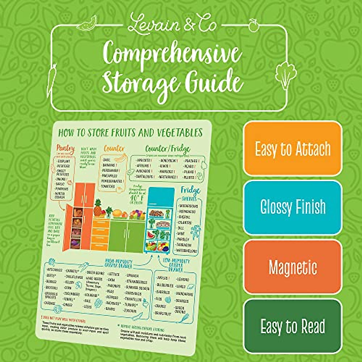 Levain & Co Produce Storage Guide Magnet - Fruit & Vegetable Storage Magnetic Chart - The Ultimate Produce Organizer Cheat Sheet - Keep Foods Fresher Longer