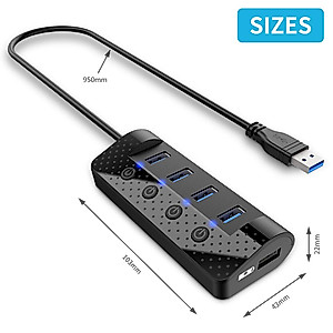 Powered USB Hub 3.0, atolla USB Hub with 4 USB 3.0 Data Ports and 1 USB Smart Charging Port, USB Splitter with Individual Power Switches and 5V/3A Power Adapter