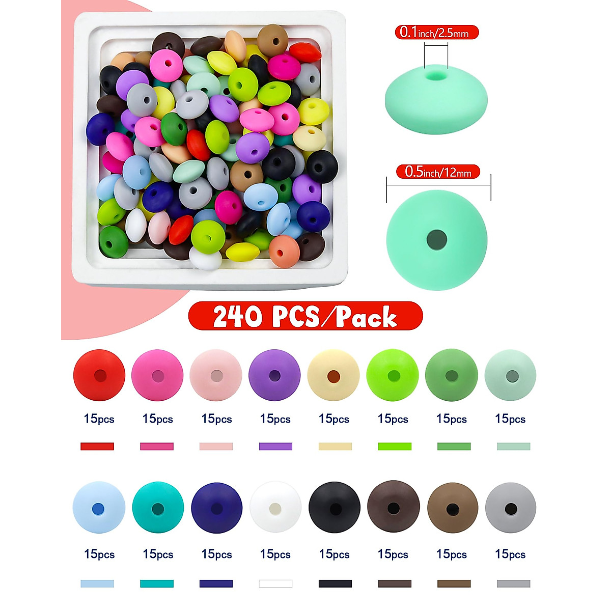 240PCS FIVEIZERO Silicone Lentil Beads,12mm Silicone Beads Abacus Beads Silicone Beads Bulk Silicone Spacer Beads Colorful DIY Lanyard Beads for Making Necklace Keychain Accessories(16 Colors)