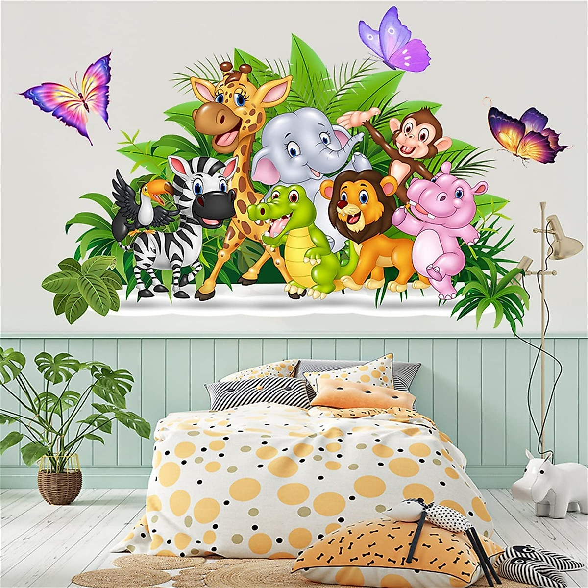 Colorful Animal Wall Sticker Green Leaf Butterfly Cartoon Animal Sticker African Jungle Elephant Giraffe Monkey Lion Lifelike 3D Picture Children's Bedroom Wallpaper Decoration Nursery Classroom Living Room (Green1)