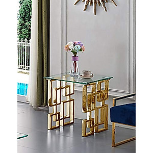 Meridian Furniture Pierre Collection Modern | Contemporary Square Glass End Table, 20" W x 20" D x 22" H, Glass, Gold & Pierre Collection Modern | Contemporary Square Glass Console Table