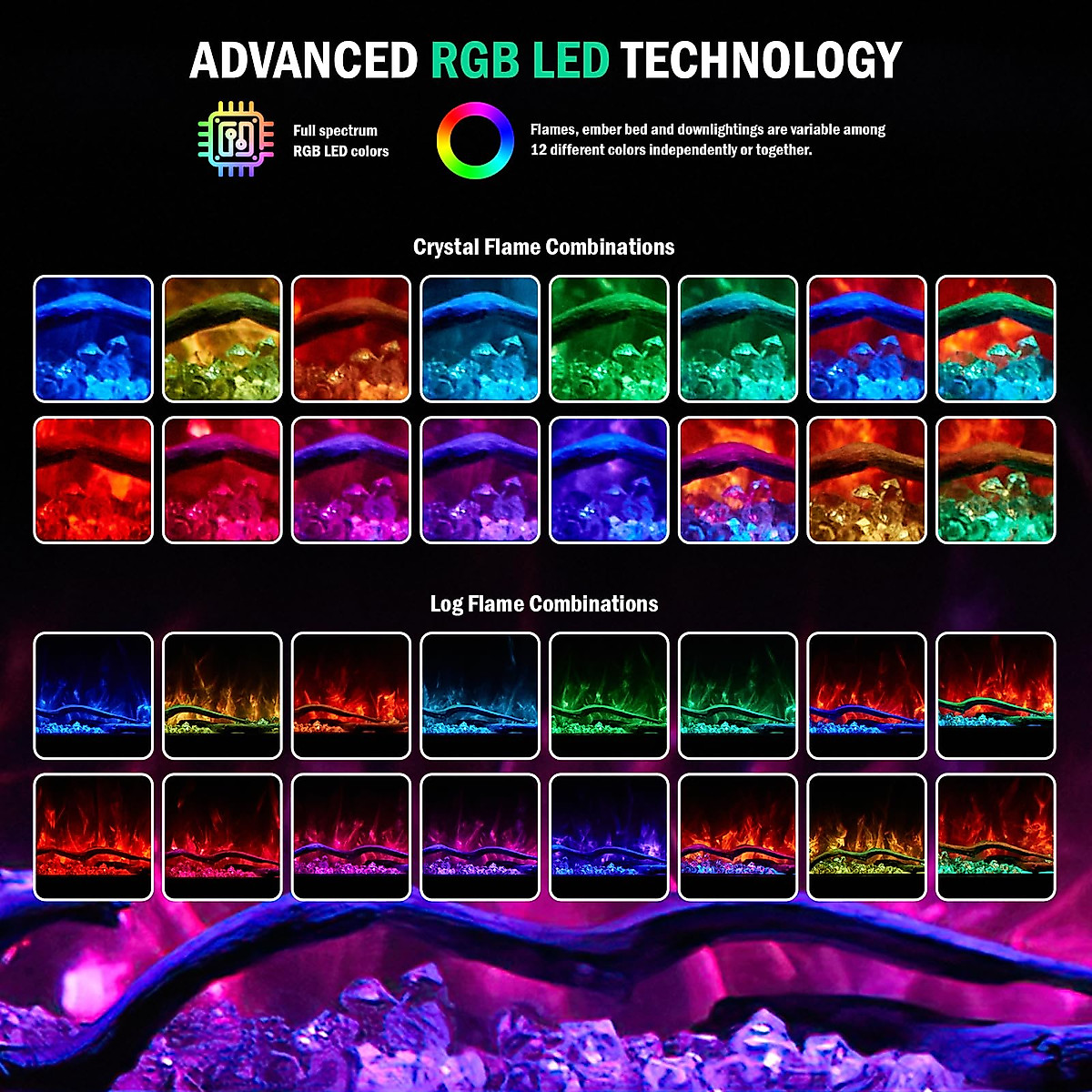 ALEXENT Recessed 80" Electric Fireplace with Wi-Fi/Remote Control Wall Mount, Built in, Low Noise with Timer, Touch Screen, Adjustable Flame Color and Speed, Log Set & Crystal