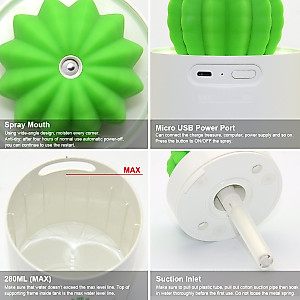 Alicacho USB Small Humidifier with Night Light, 280ml Tank Cactus Humidifier Mini Cool Mist Air Humidifier with Auto Shutdown for Bedroom Office Car
