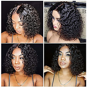 Fine Plus 150% Density Curly Wigs for Black Women Brazilian Human Hair Glueless Short Curly Wigs for Women Natural Black Wig with Middle Part Lace 12 Inch