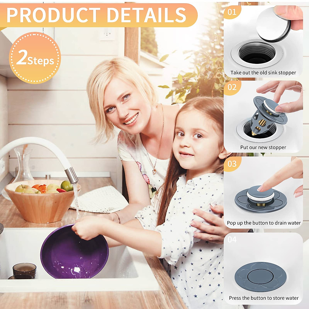 Universal Bathroom Sink Stoppers Fits 1.1"-1.5" Drain Holes, Stainless Steel Bounce Core Anti-Clogging Basin Pop Up Drain Stopper, Bathtub Converter Sink Strainer with Hair Catcher(2-Pack Grey)