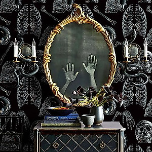 Peel and Stick Wallpaper Gothic Wallpaper Clear Crystal Skull Wallpaper Black Removable Wallpaper Removable Accent Wall Decorations Temporary Wallpaper for Bedroom & Halloween Party 17.3"x118.1"