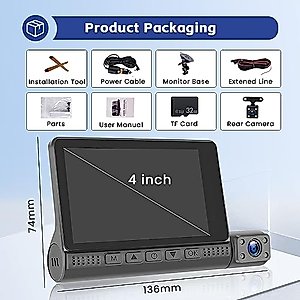 Hikity Car Dash Cam Front and Inside Camera - Loop Recording with 32G SD Card, 4 Inch IPS Screen, G-Sensor, Night Vision, Parking Monitor, Rear View Camera