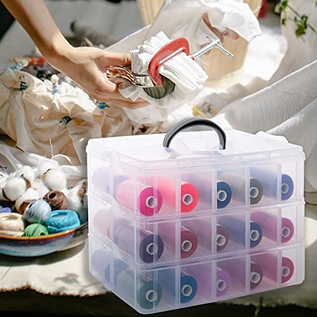 HUHYNN Thread Box with 30 Compartments, 3-Tier Stackable Storage Box for Sewing Threads, Plastic Storage Box for Sewing Kits, Craft Supplies (Transparent)