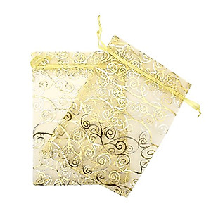 SUNGULF 100pcs Organza Pouch Bag Drawstring 5x7 13x18cm Strong Gift Candy Bag Jewelry Party Wedding Favor (Gold Flower Vine Print)