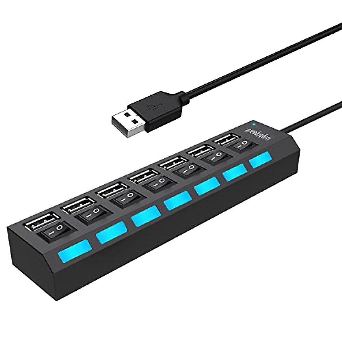 Multi Port USB Splitter, 7 in 1 USB Port 2.0 Hub with High Speed Individual ON/Off Switches and LEDs USB Port Expander (7-Port USB)