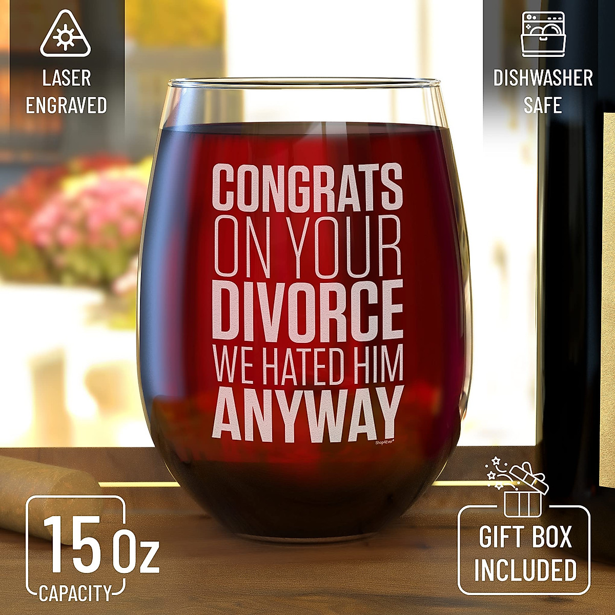 shop4ever Congrats On Your Divorce We Hated Him Anyway Engraved Stemless Wine Glass Funny Divorce Gift
