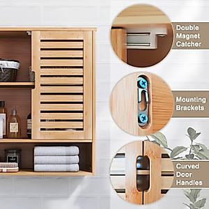 SMIBUY Bathroom Cabinet Wall Mounted, Bamboo Over-The-Toilet Storage Organizer, Space Saver Medicine Cabinet with 2 Door and Adjustable Shelves (Natural)