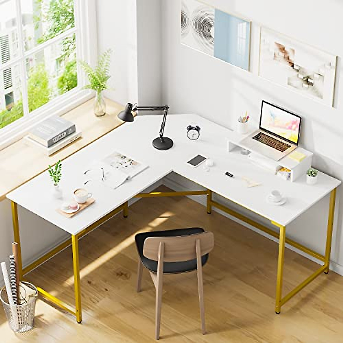 Elephance 59" L Shaped Desk Corner Computer Desk Gaming Table with Monitor Stand Workstation for Home Office (Large, White+ Gold Frame)