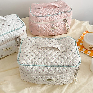 Lushandy Kawaii Floral Makeup Bag Coquette Aesthetic Cosmetic Bag Large Travel Makeup Organizer Cute Pouch Cotton Quilted Toiletry Bag