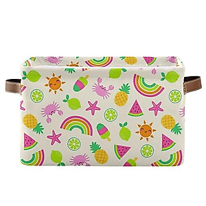 Cute Rainbow Summer Times Storage Basket Bins Collapsible Toy Storage Bins with Handles Laundry Baskets for Living Room Clothes Nursery Closet Shelf Playroom,1 pcs