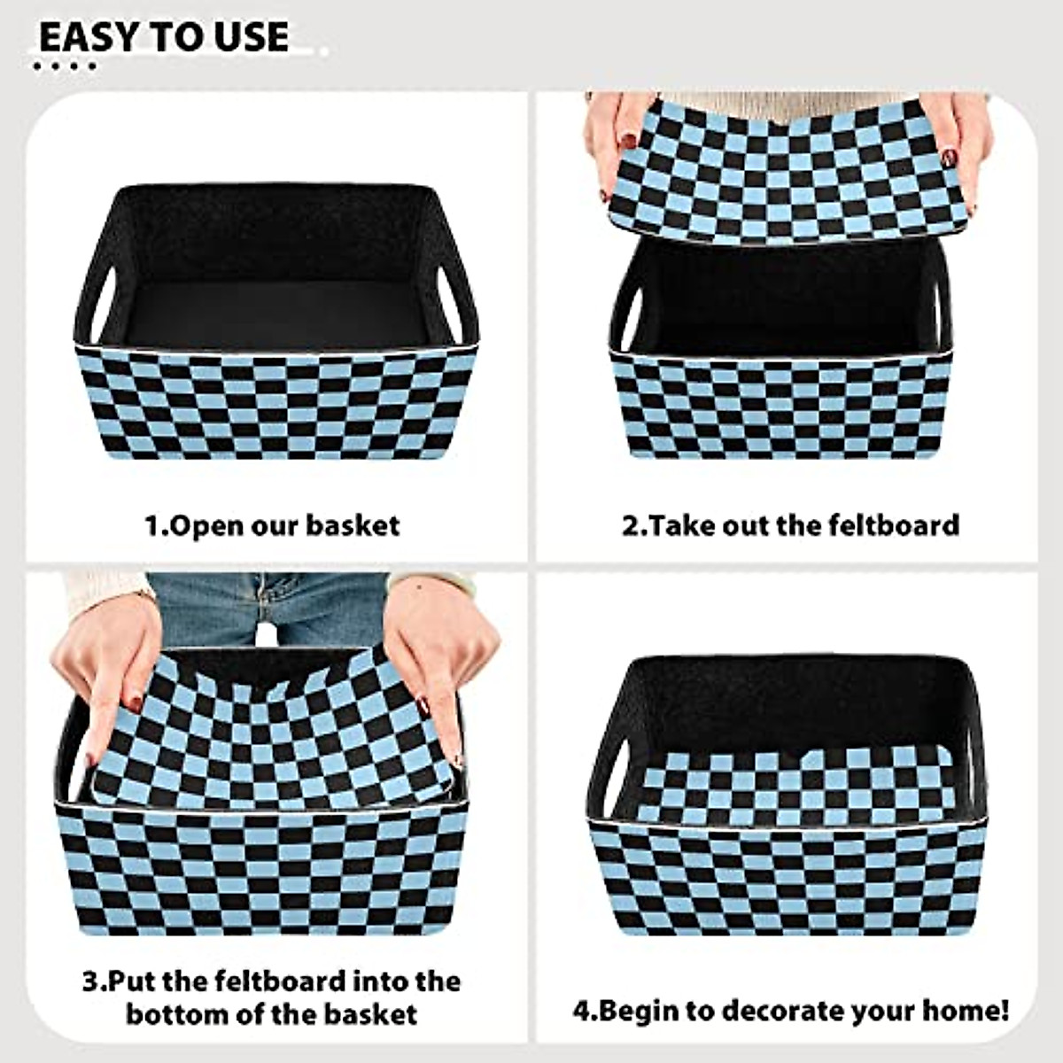 Kcldeci Blue and Black Checkerboard Checkered Gingham Plaid Tartan Pattern Storage Baskets for Shelves Storage Bins Storage Boxes Decorative for Living Room Office Bedroom Clothes Toys 2-Pack
