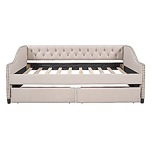 Upholstered Full Daybed with Two Storage Drawers, Full Size Button Tufted Sofa Bed Daybed with Nailhead Trim and Wood Slat Support (Beige Fabric)