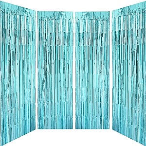 Light Blue Metallic Tinsel Foil Fringe Curtains Party Streamers Photo Booth Backdrop Ocean Theme Birthday Under The Sea Baby Shower Party Wedding Graduation New Year Party Celebration Decoration, 4PC