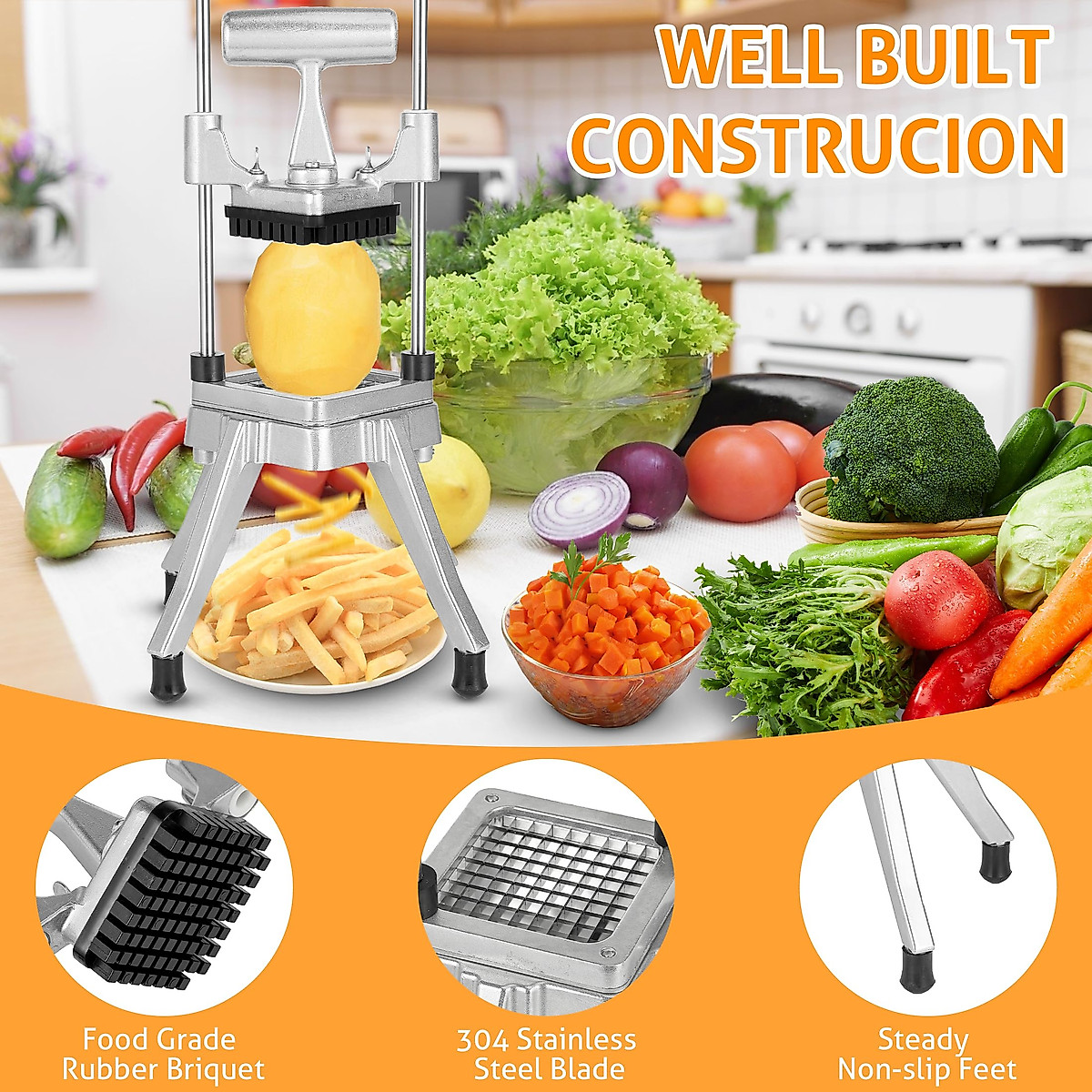 WICHEMI Commercial Vegetable Chopper Dicer Commercial Onion Dicer Cutter Stainless Steel Vegetable Fruit Chopper French Fry Cutter Heavy Duty Food Dicer Chopper for Potatoes Peppers Mushrooms (3/8")