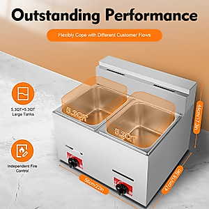 Commercial LPG Gas Deep Fryer,12L Countertop Stainless Steel Fryer Metal Tube Double Deep Fryer with 2 Frying Baskets and 2 Lids,for Cafeteria French Fries, Chicken, and More