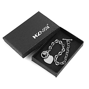 HZMAN Stainless Steel Zircon Love Heart Bracelet for Women Romantic Gift Toggle Clasp Link Bracelets (Silver)