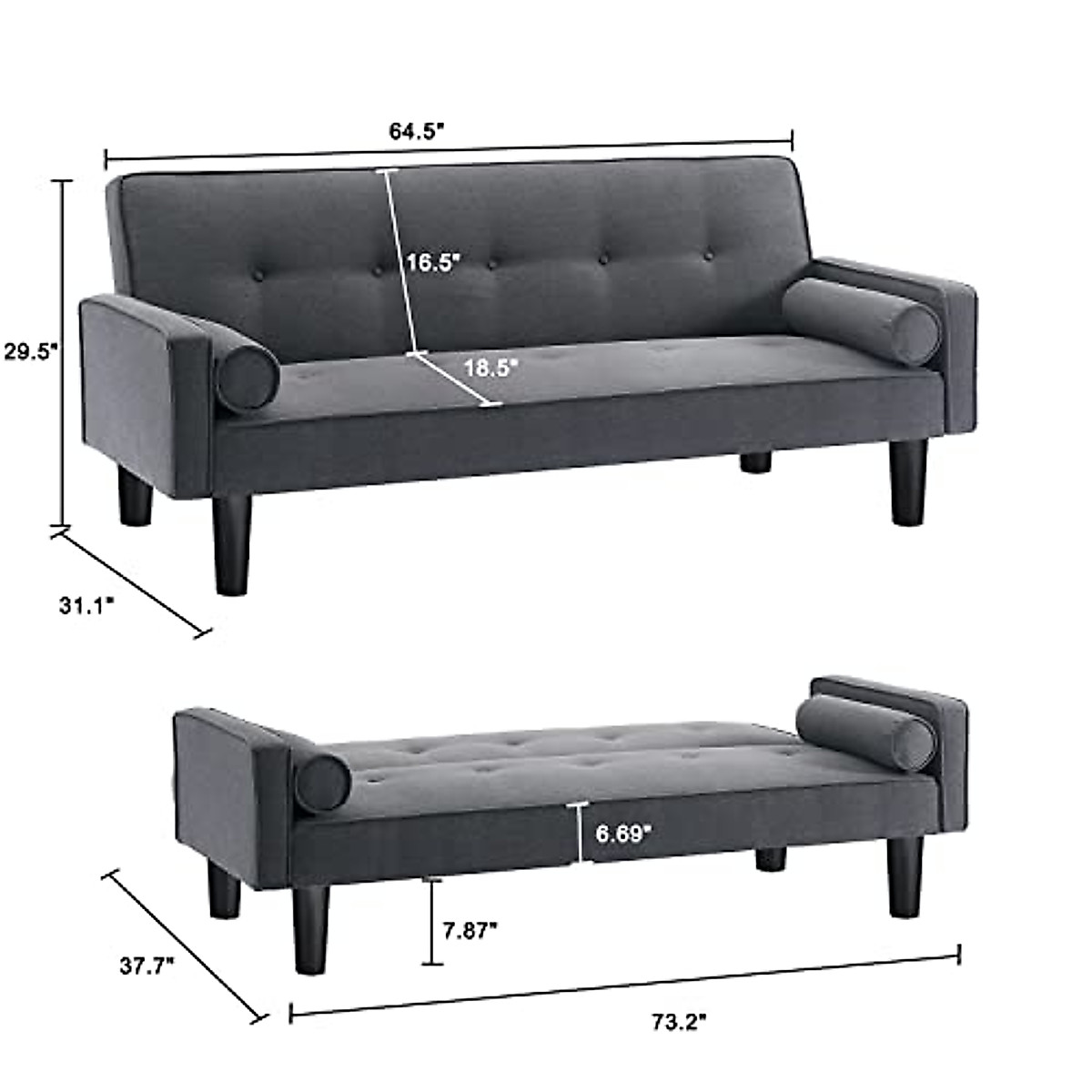 Hooseng Modern Futon Sofa Bed, Upholstered Convertible Folding Sofa Couch with 2 Bolster Pillows, Button Tufted Fabric Couch for Small Spaces, Living Room, Lounge, Apartment, Office, Blue