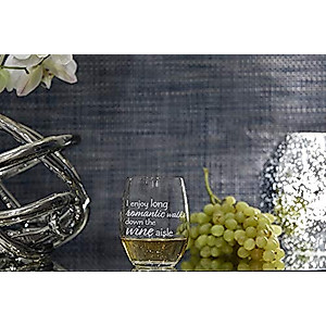 Lushy Wino – I Enjoy Long Romantic Walks Down The Wine Aisle – Cute, Novelty, Etched Stemless 18-Ounce Wine Glass with Funny Sayings in Gift Box