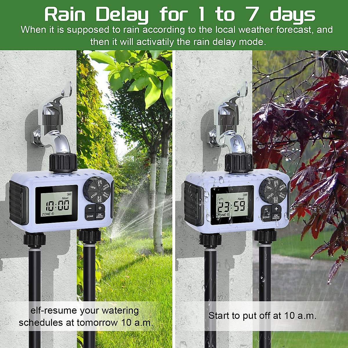 Sprinkler Timer 2 Outlet, Programmable Water Timer for Garden Hose, Rain Delay/Manual/Automatic System, Waterproof Digital Irrigation Timer System for Yard Outdoor Watering, Lawns and Pool