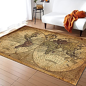 Large Modern Area Rug Contemporary Accent Throw Rug for Living Room, World Map Worldwide Oval Retro Nautical Kraft Background Anti Fatigue Non Slip Floor Carpet Comfort Standing Mat