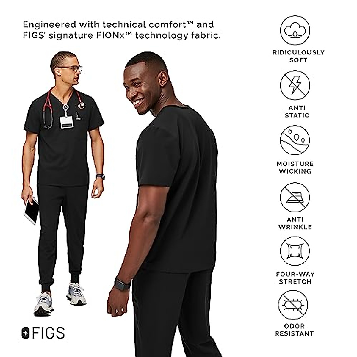 FIGS Leon Three-Pocket Scrub Top for Men - Black, L