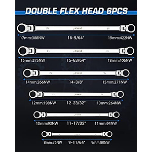 DISEN Extra Long Flex Head Ratcheting Wrench set, 6Pcs Double Box End Long Reach Ratchet Wrench Set Metric 8-19mm, CRV Steel, with Pouch, Gifts for Father, Man