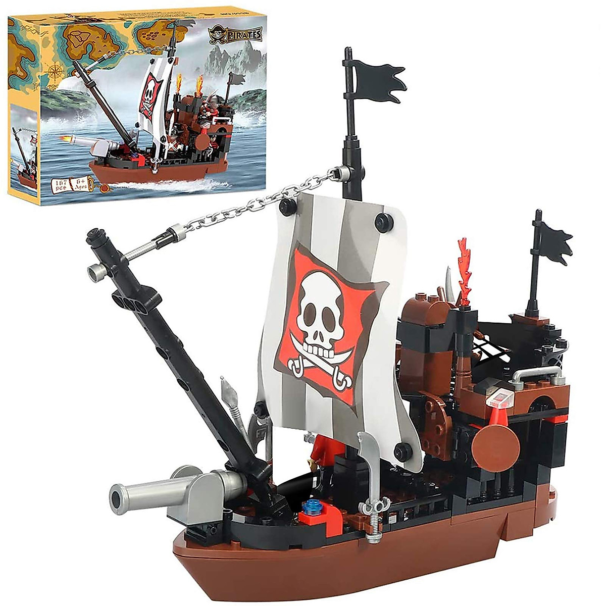 BRICK STORY Pirate Ship Building Blocks with 3 Mini Toy Figures, Boat and Ship Model Pirate Toys Building Kit Pirate Adventure Toys Sets Building Bricks Gifts for Boys Girls Age 6-12 and Up, 167pcs