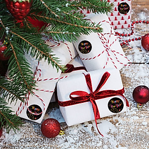 Heyfibro 1.5 Inches Happy New Year Sticker Roll, 500 Pcs Black New Year Stickers for Kids and Adults, Winter Holiday Round Labels Stickers for Gift Packing, Cards, Envelope Seals, Party Supplies