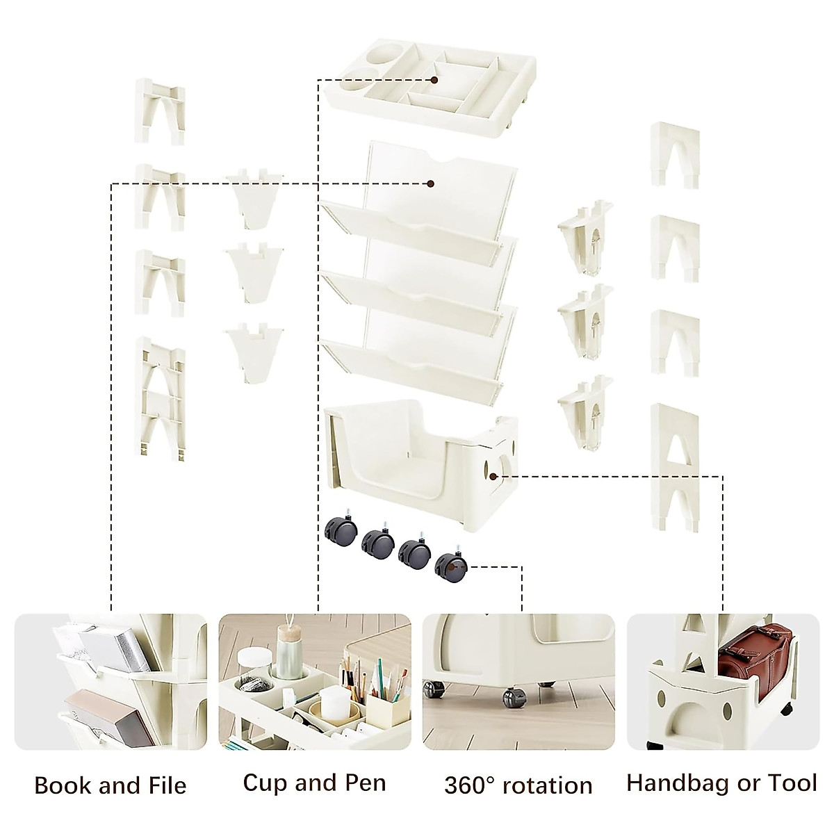 5 Tier Book Rack Storage Bookshelf, Removable Movable Unique Bookcase, Mobile Bookshelf with Wheels Utility Organizer Bookshelves for Kids Children Students Study in Bedroom Living Room School (White)