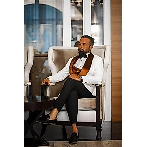 Wangyue Men's 3 Piece Suit Slim Fit Jacquard Tuxedo One Button Shawl Collar Velvet Suits Double Breasted Suits White-Dark Green Size 34