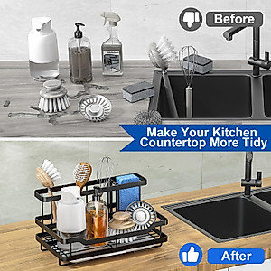 Sponge Holder Kitchen Sink Caddy Organizer, Large Stainless Steel Sink Tray Drainer Rack, Countertop Soap Dish Dispenser Brush Holde with Removable Drain Tray - Not Including Dispenser, Sponge, Brush
