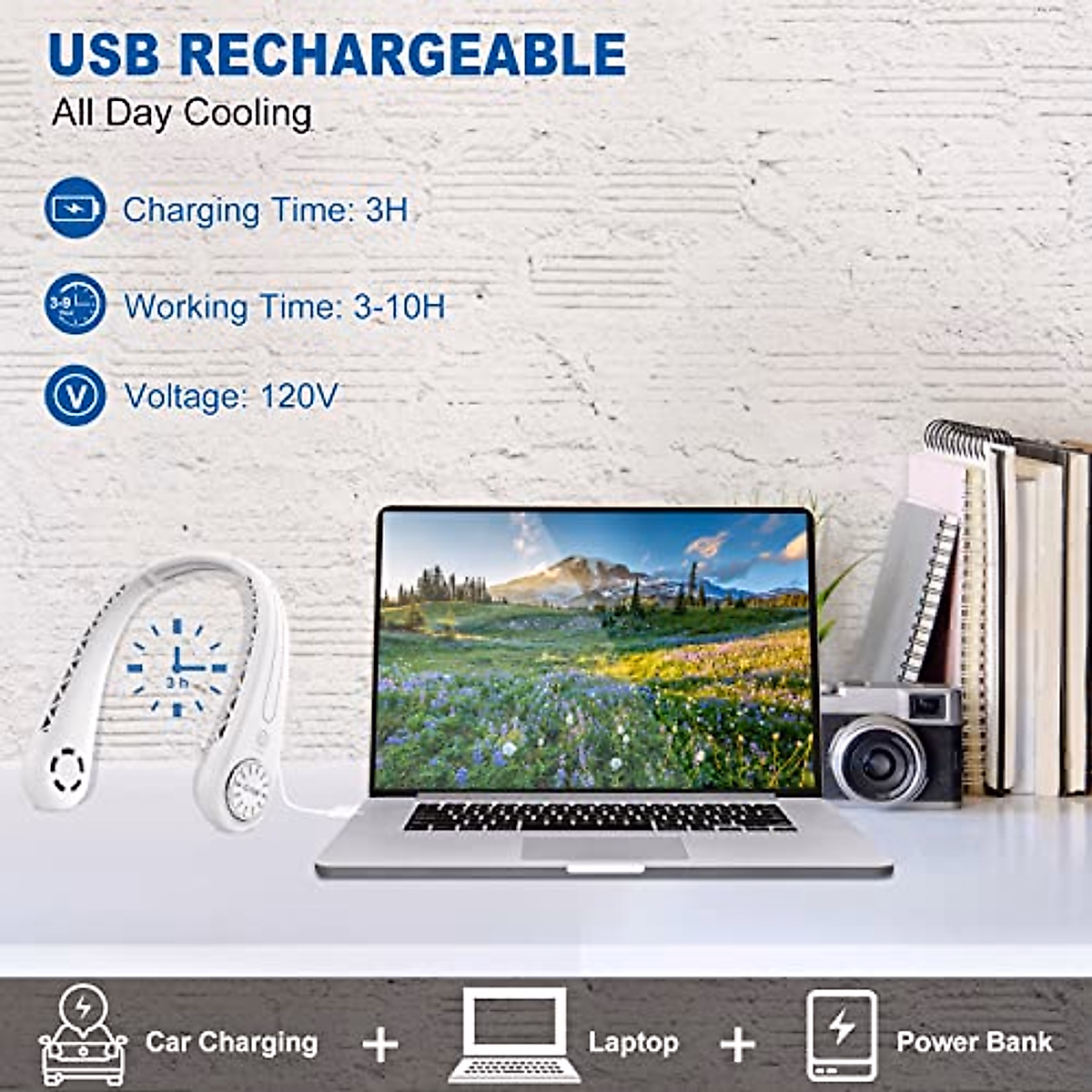 CL FUN Portable Neck Fan, Rechargable Fan with 3 Wind Speeds,Ultra-Quiet Wearable Mini Small Neck Hanging Fan,Personal Hands-Free Bladeless Neck Fan for Office, Travel, Outdoor