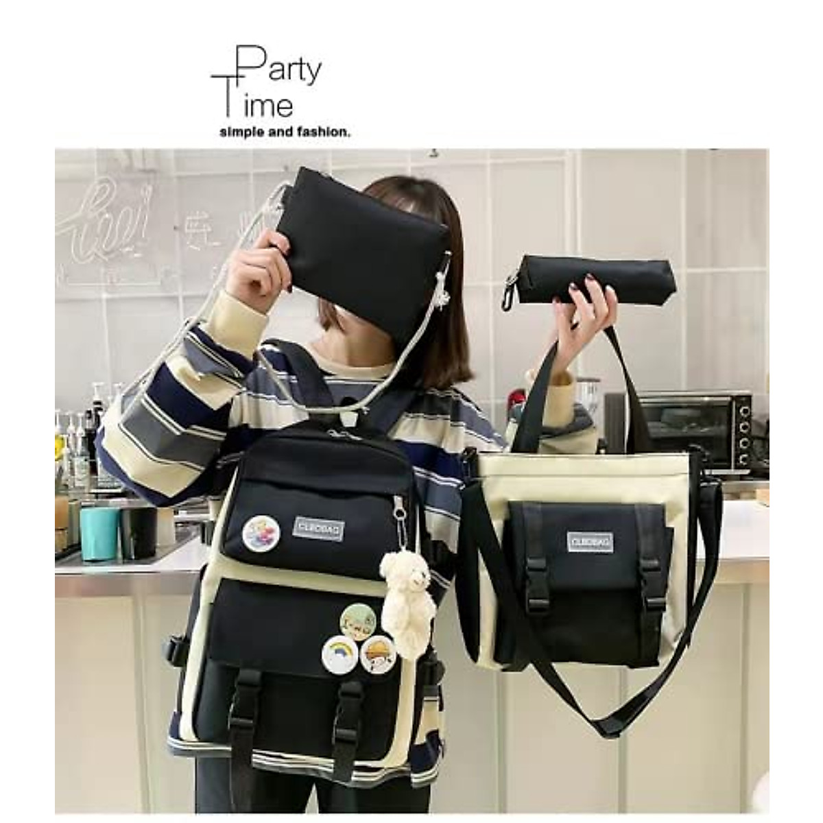 Teslawi kawaii backpack 4Pcs Set Aesthetic backpack 17in backpack，with Kawaii Pendants，Crossbody Bag ，Pencil Case, Handbag (Black)