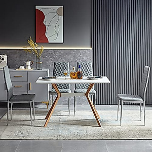 Hommoo PU Leather Dining Chairs Set of 6 Modern Kitchen Chairs with Grid Pattern and Electroplate Solid Metal Legs Armless Side Chairs for Home Living Room Kitchen Dining Room Grey