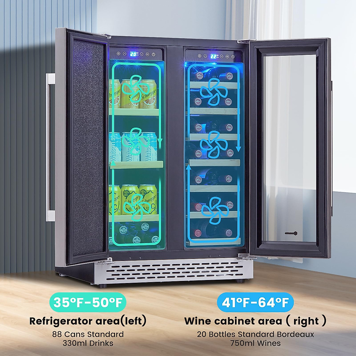 Wine Cooler Beverage Refrigerator, 24” Wine Fridge with Dual-Zone Digital Temperature Control, Glass Front Doors and Interior Lighting Holds 20 Bottles and 88 Cans on Removable Shelves